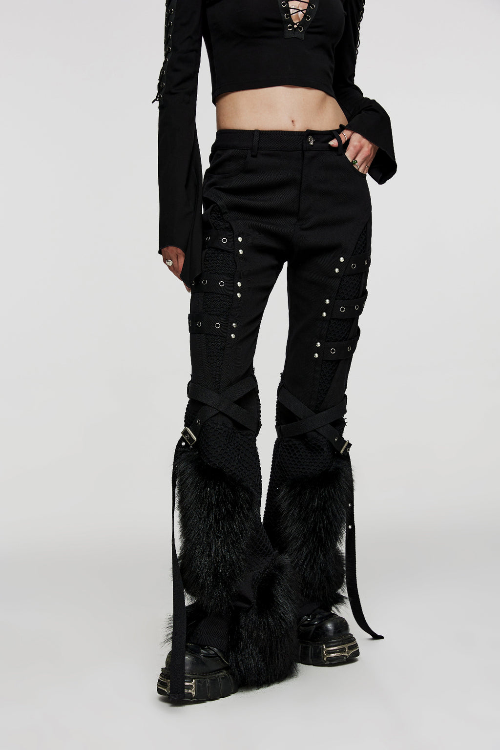 Gothic Rave Pants with Faux Fur, Mesh Panels Straps Punk Rave WK-526 ...