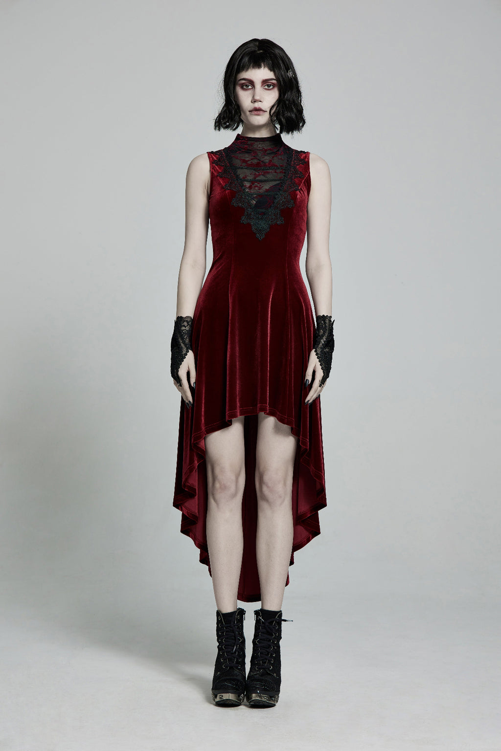 Red Velvet Gothic High-Low Dress - Punk Rave WQ-523 – OtherWorld Fashion